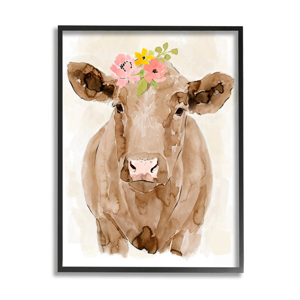 Stupell Industries Delicate Blooms Cow Portrait Framed On Wood by Victoria Barnes Painting | Wayfair